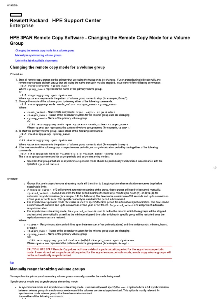 HPE Support Center: HPE 3PAR Remote Copy Software - Changing The Remote ...
