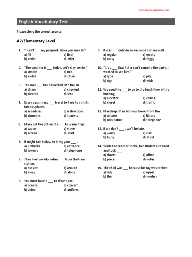 English Vocabulary Test: A2/Elementary Level | PDF