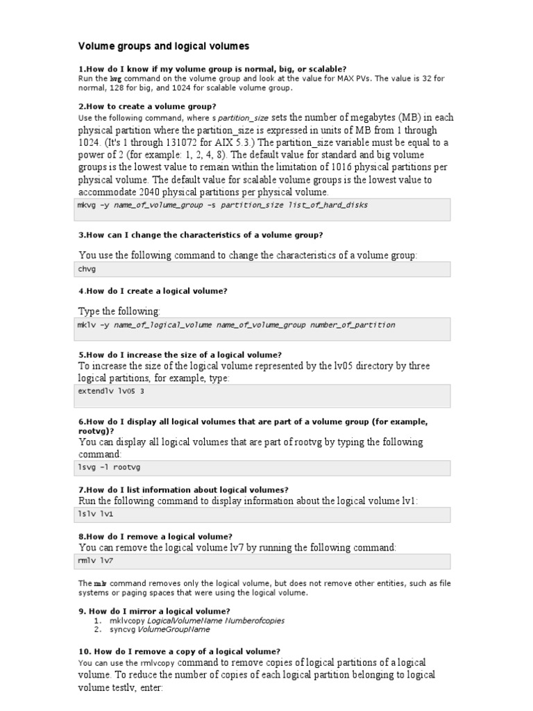 Aix Volume Groups & Logical Volume Commands | PDF | Information ...