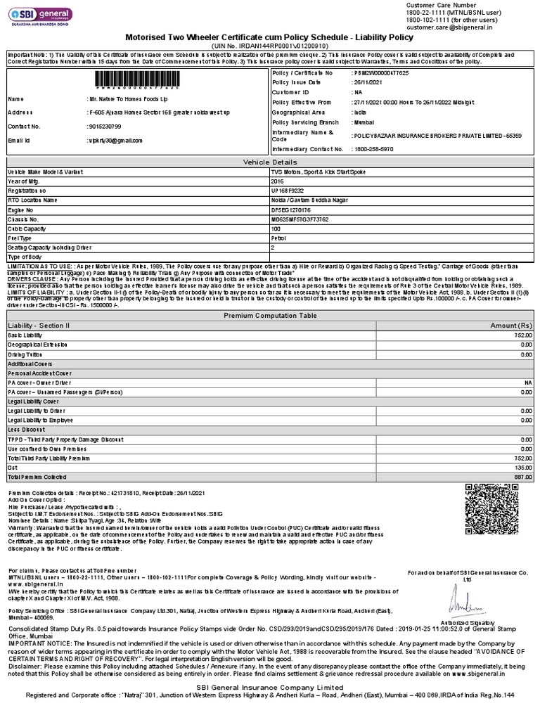 Motorised Two Wheeler Certificate Cum Policy Schedule - Liability ...