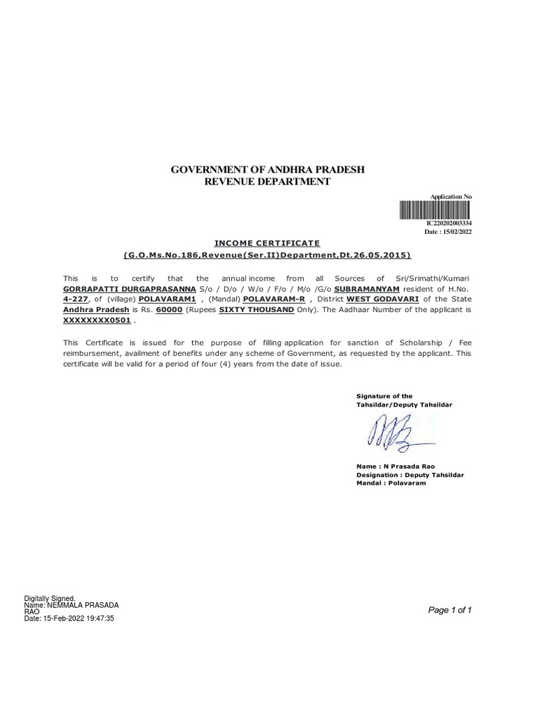 Income Certificate for Scholarship Application | PDF