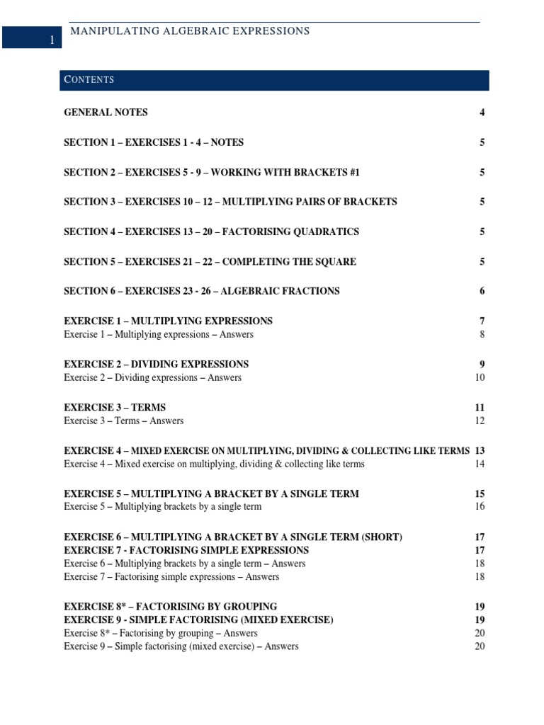 Algebraic Manipulation Exercises | PDF | Factorization | Quadratic Equation