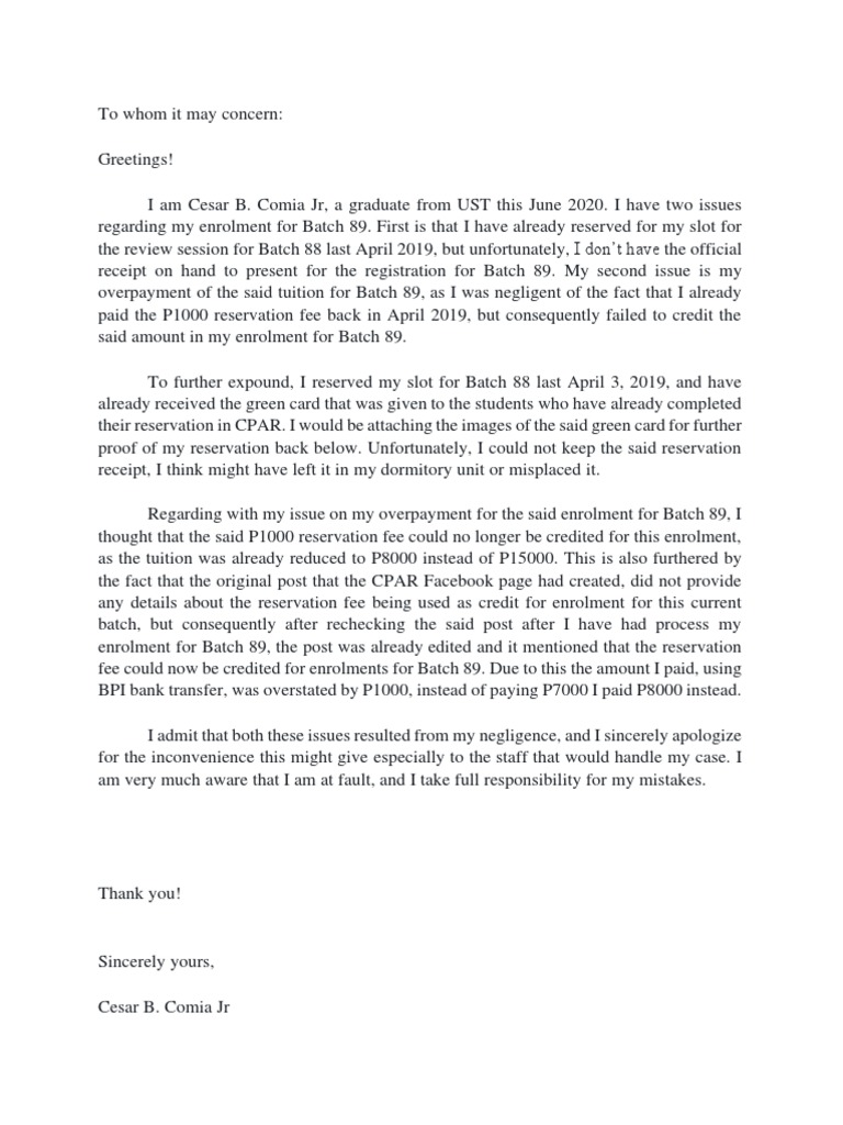 Letter of Explanation For CPAR | PDF