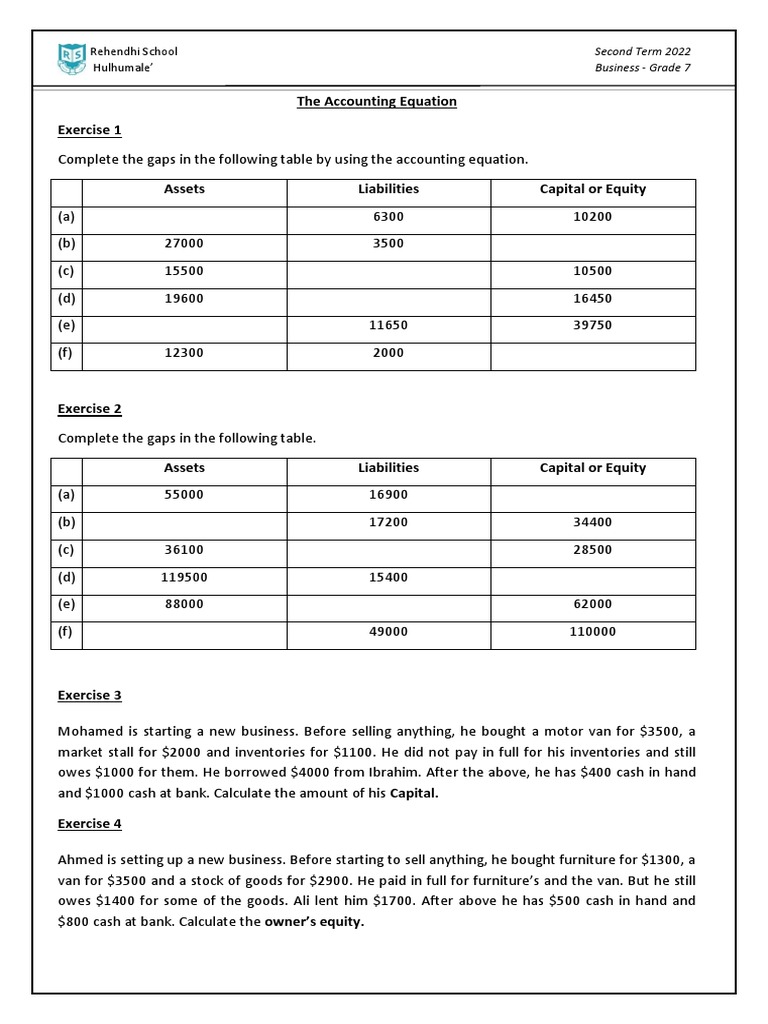The Accounting Equation Worksheet 1 | PDF