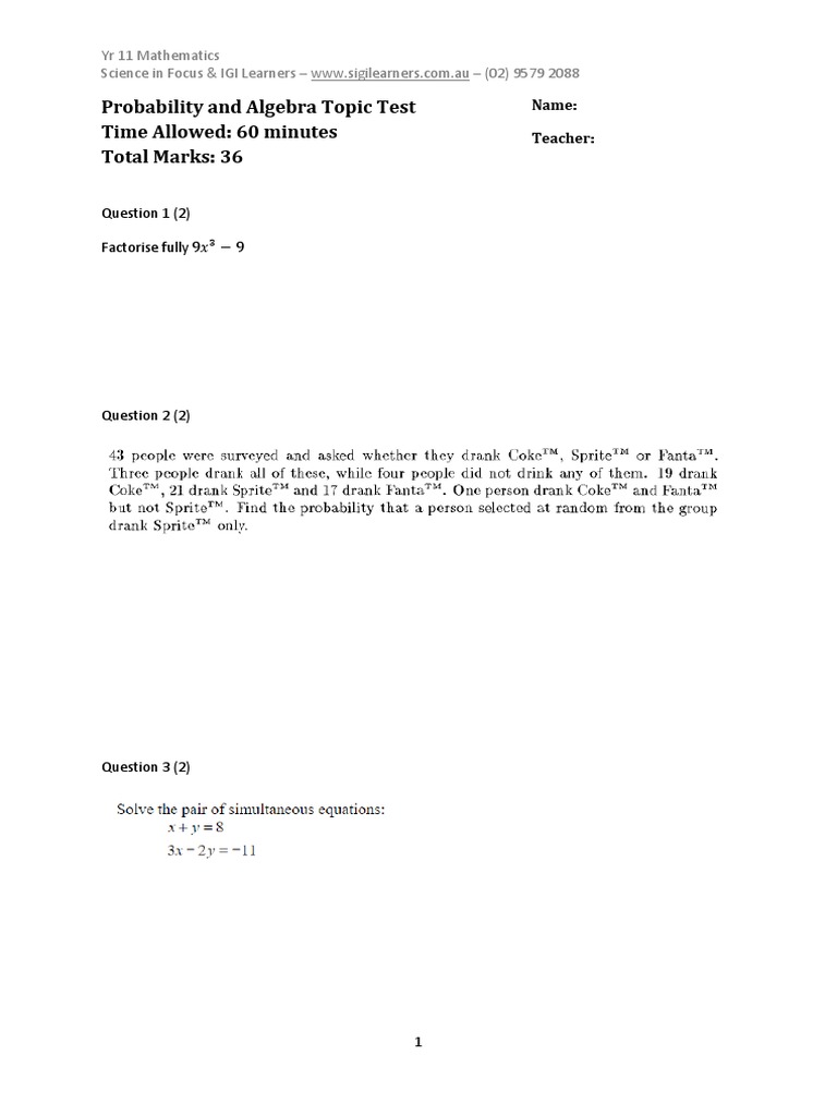 Probability and Algebra Topic Test | PDF | Algebra | Mathematics