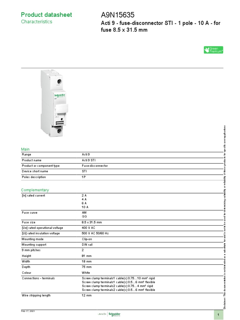 Product Datasheet: Acti 9 - Fuse-Disconnector STI - 1 Pole - 10 A - For Fuse 8.5 X 31.5 MM | PDF ...