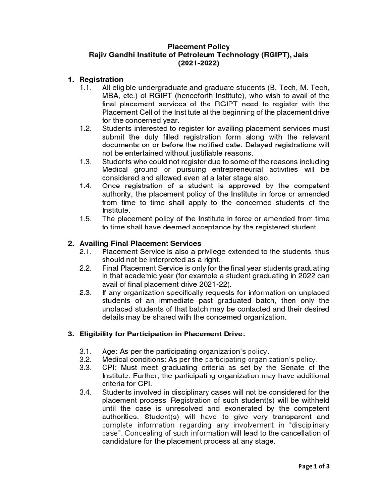 Placement Policy Rajiv Gandhi Institute of Petroleum Technology (RGIPT ...
