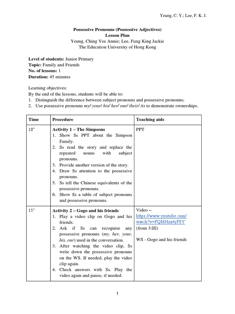 Possessive Pronouns (Possessive Adjectives) Lesson Plan: Yeung, C. Y ...