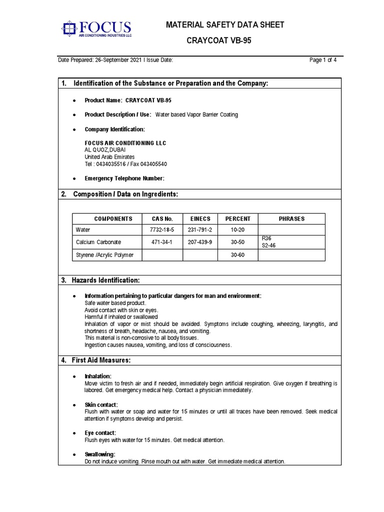Craycoat VB-95 MSDS | PDF | Carbon Dioxide | Water