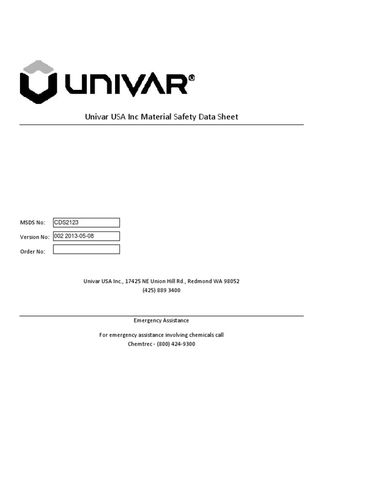 Univar USA Inc Material Safety Data Sheet: Msds No: Version No: Order ...