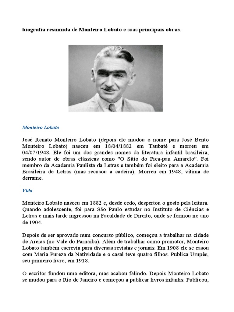 Biografia Resumida de Monteiro Lobato | PDF