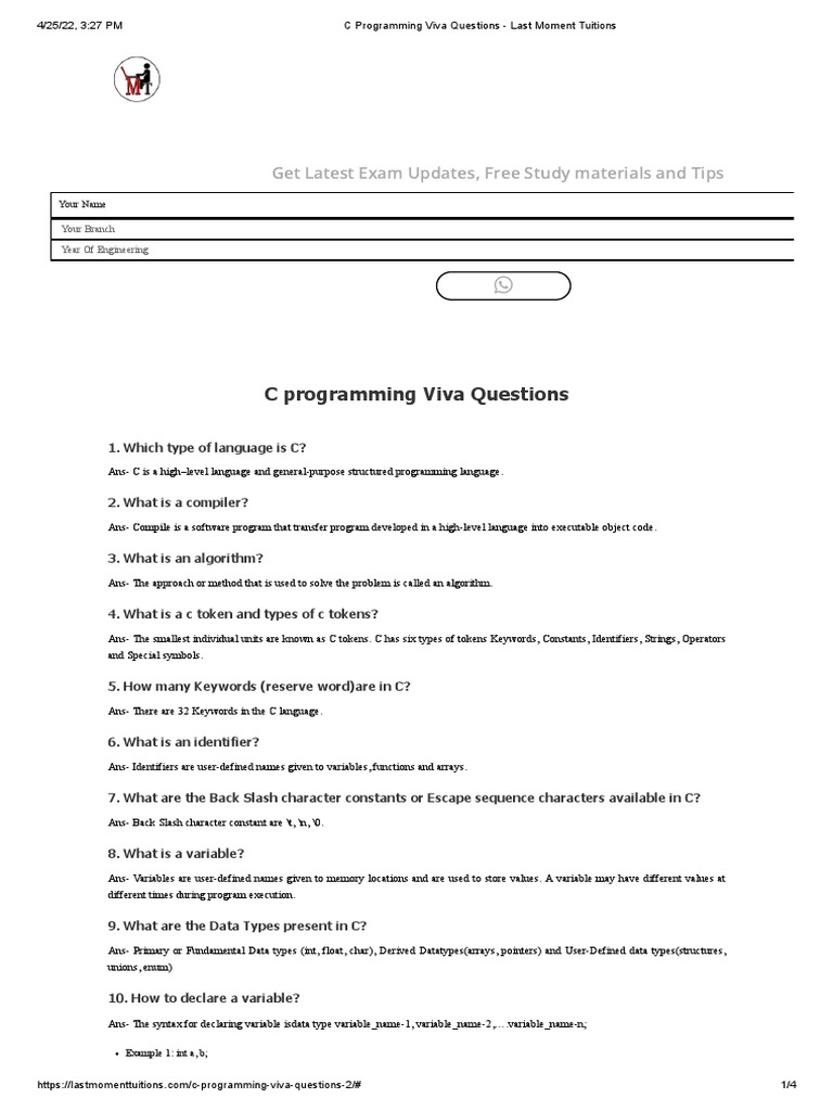 C Programming Viva Questions 1 Download Free Pdf Pointer Computer Programming Control Flow 