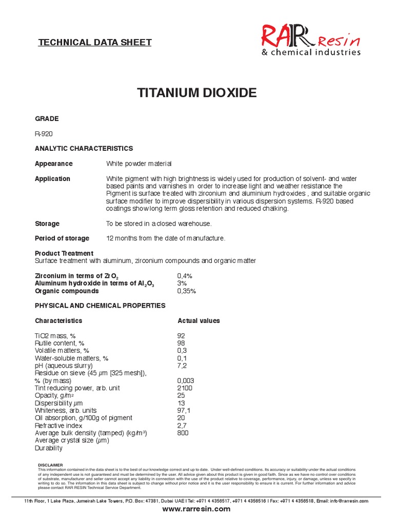 Titanium Dioxide: Technical Data Sheet | PDF | Titanium Dioxide | Materials Titanium Dioxide: Technical Data Sheet | PDF | Titanium Dioxide | Materials