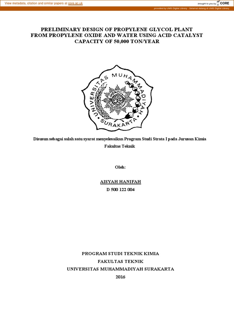 Preliminary Design of Propylene Glycol Plant From Propylene Oxide and ...