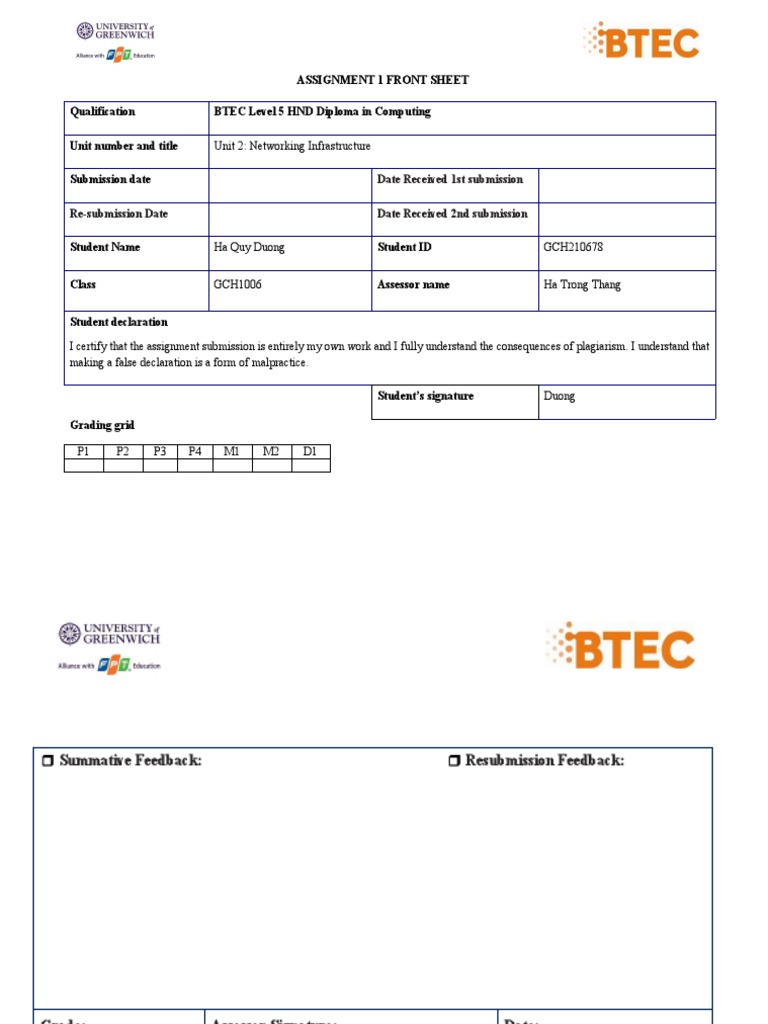 Assignment 1 Front Sheet Qualification BTEC Level 5 HND Diploma in Computing Unit Number and ...