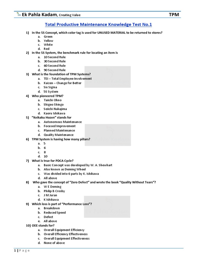 TPM Knowledge Test With Answer Key | PDF | Business Process Management ...