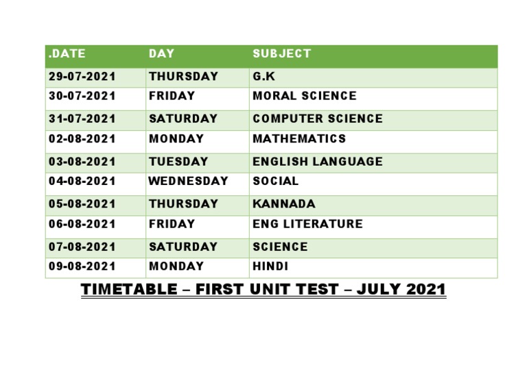 Timetable - First Unit Test - July 2021: .Date DAY Subject | PDF