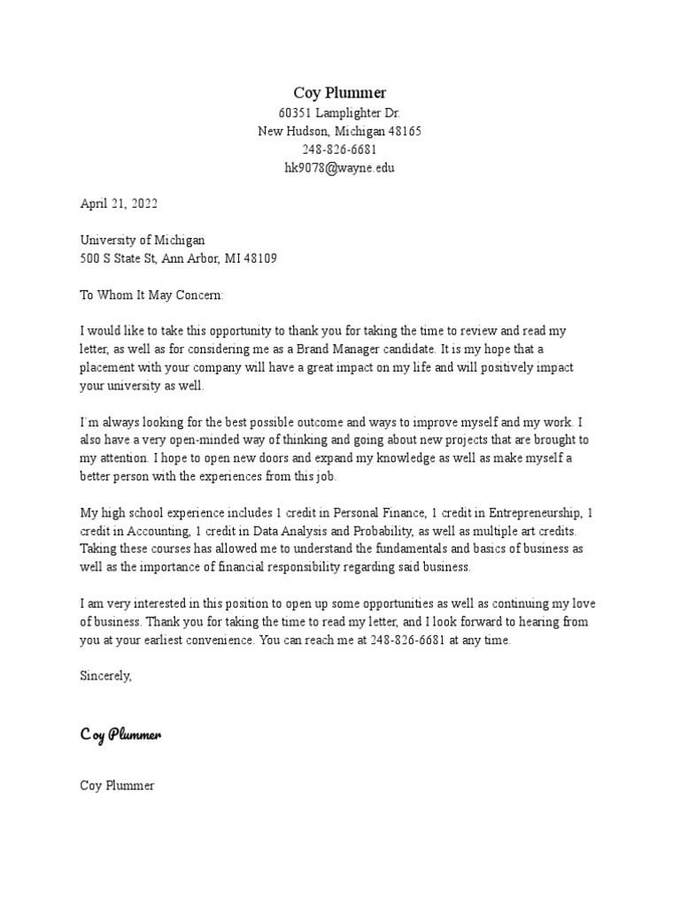 Coy Plummer Cover Letter | PDF | Social Science