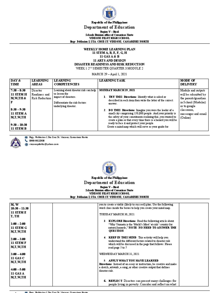 Weekly Home Learning Plan 11 Stem A To H Module 2 DRRR Q3 | Download Free PDF | Behavior ...