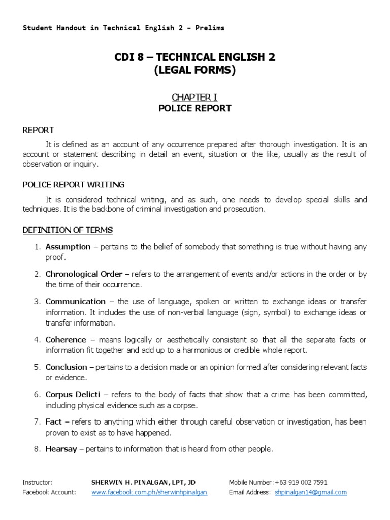 Cdi 8 - Technical English 2 (Legal Forms) : Police Report | PDF ...