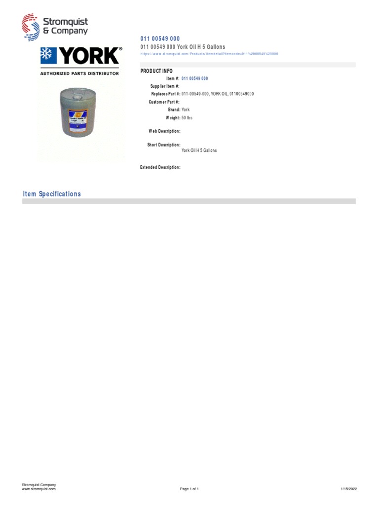 Item Specifications: 011 00549 000 York Oil H 5 Gallons | PDF