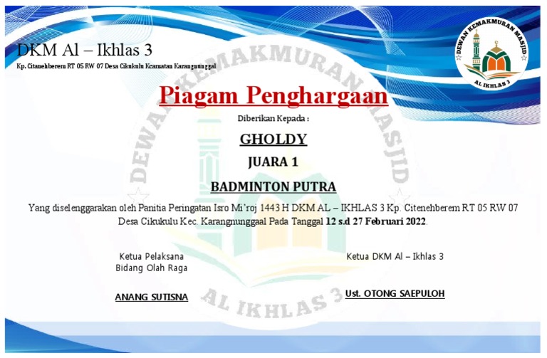 Piagam Badminton Putra SD Juara 1 | PDF