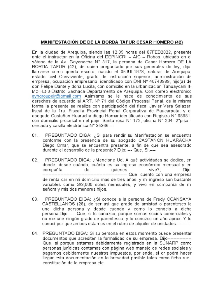 Manifestación de de La Borda Tafur Cesar Homero | PDF | Economias