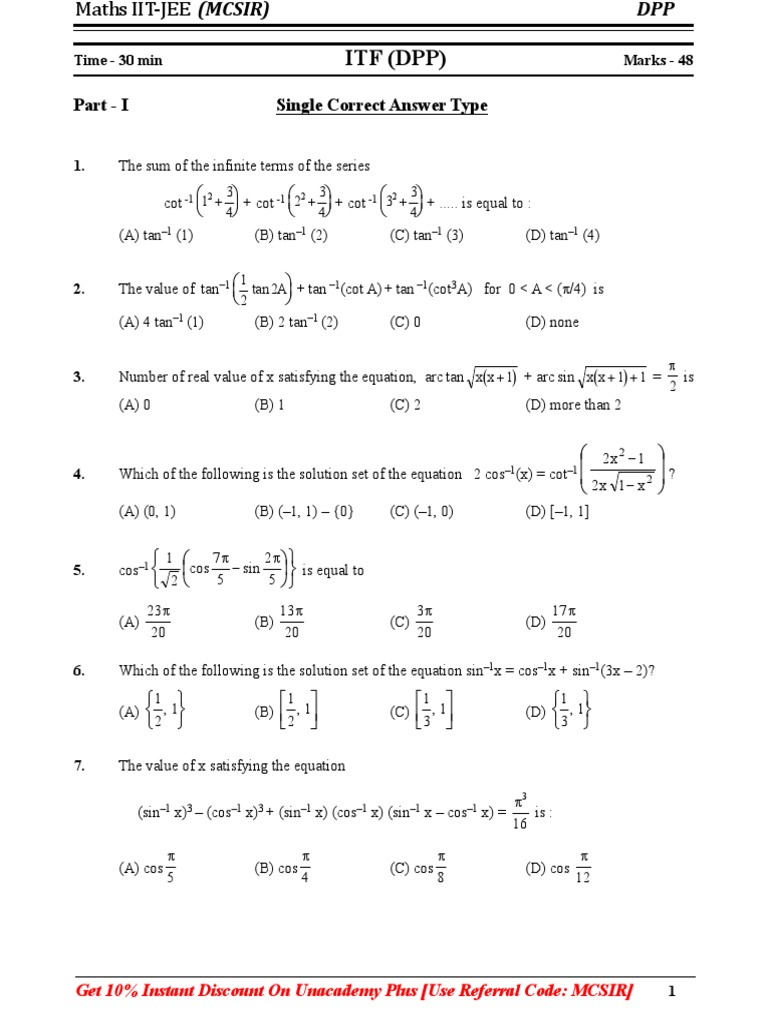 Itf (DPP) : Part - I Single Correct Answer Type | PDF | Equations | Trigonometric Functions