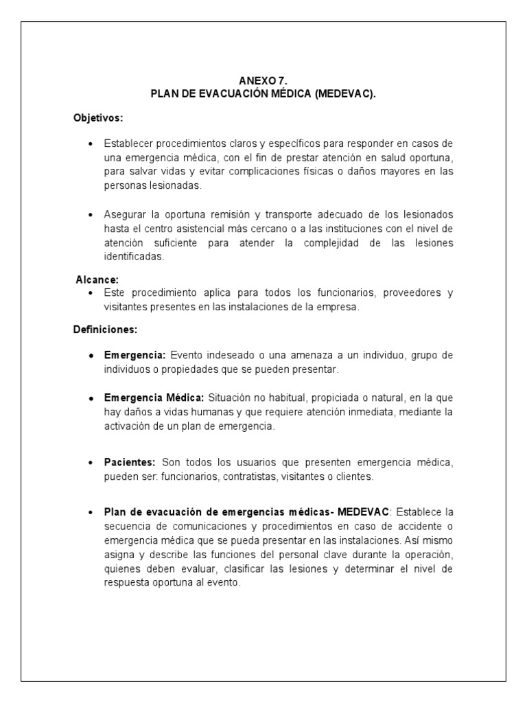 Plan de Evacuación Médica (Medevac) | PDF | Lesión | Emergencias Médicas