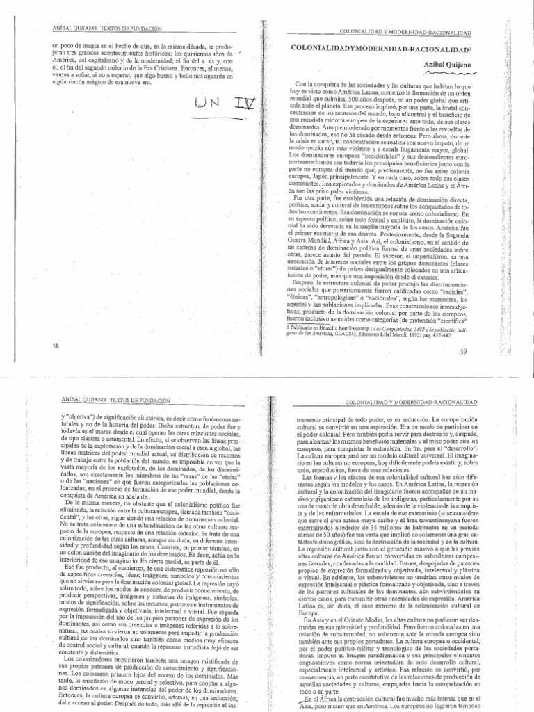 Colonialidad y Modernidad-Racionalidad Quijano | PDF