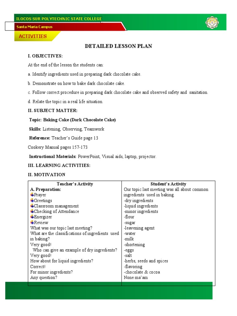 Detailed Lesson Plan: I. Objectives | PDF | Cakes | Chocolate