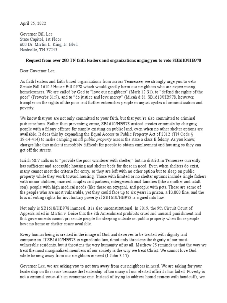 Faith Leader Letter - Veto SB1610 - HB978 | PDF | Methodism | United ...