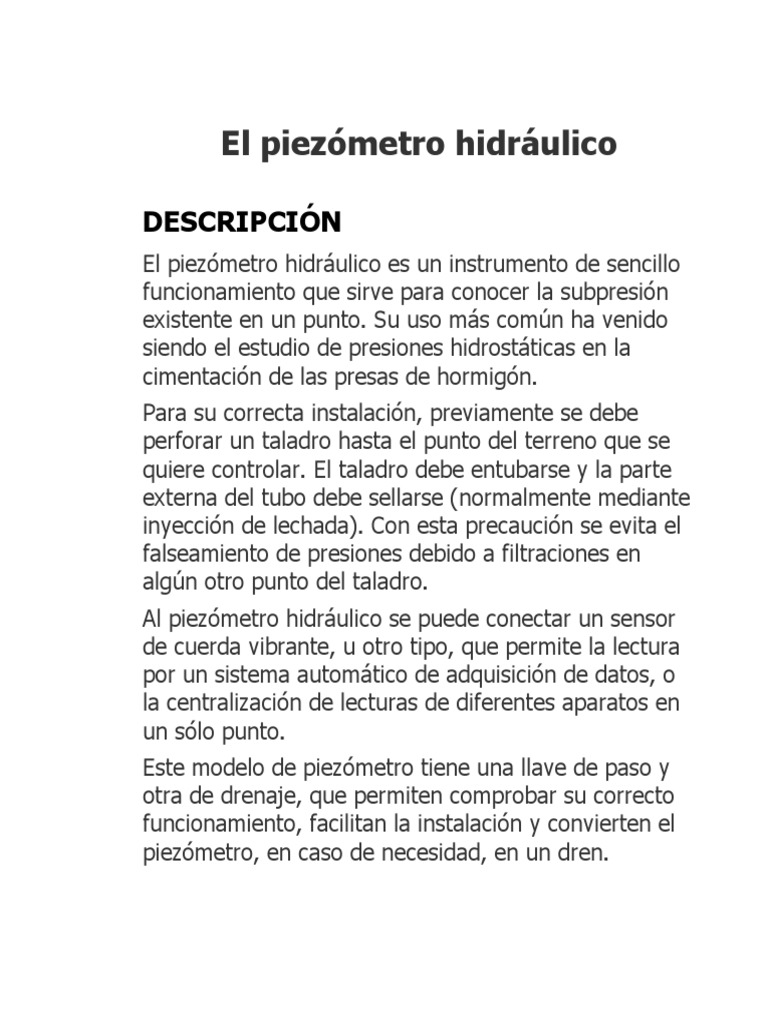 Piezómetro hidráulico: Funciones y usos | PDF | Medida de presión | Presión
