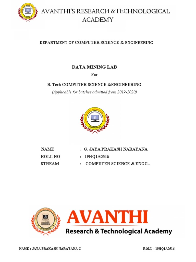 Avanthi'S Research &technological Academy: Data Mining Lab | Download Free PDF | Comma Separated ...