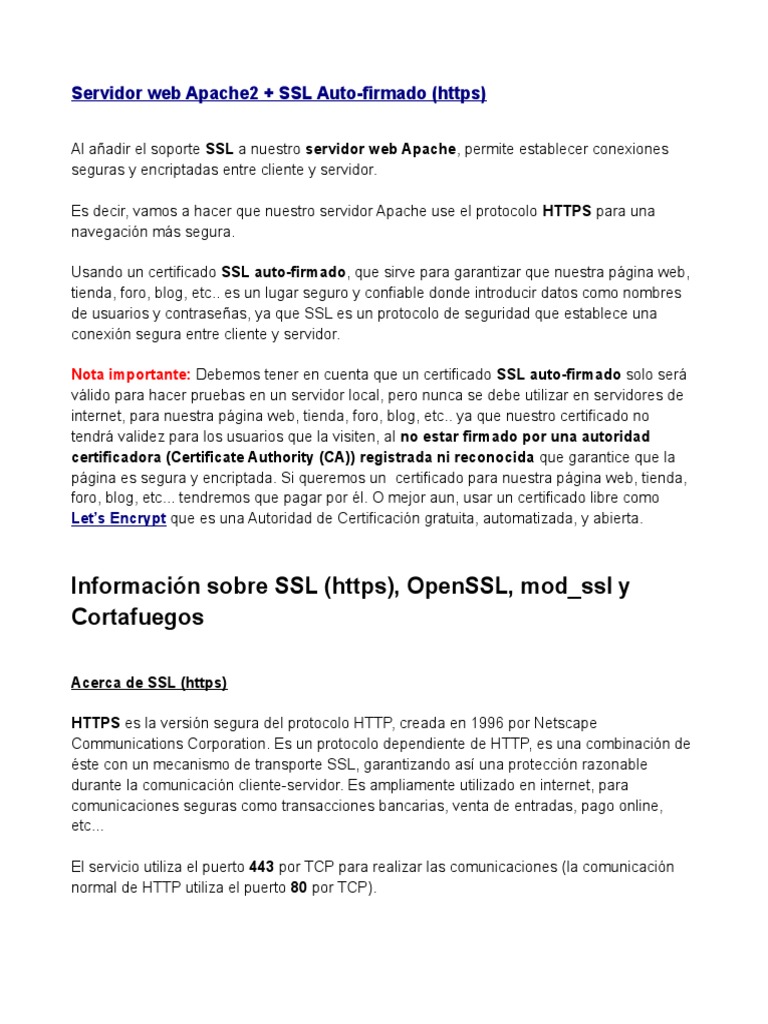 Servidor Web Apache2 + SSL Auto-Firmado Https | PDF | Transport Layer Security | Servidor HTTP ...