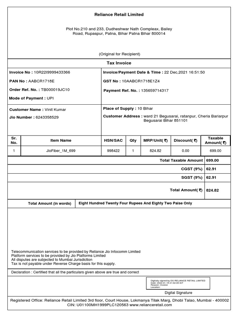 Reliance Retail Limited: Total Amount (In Words) Eight Hundred Twenty ...