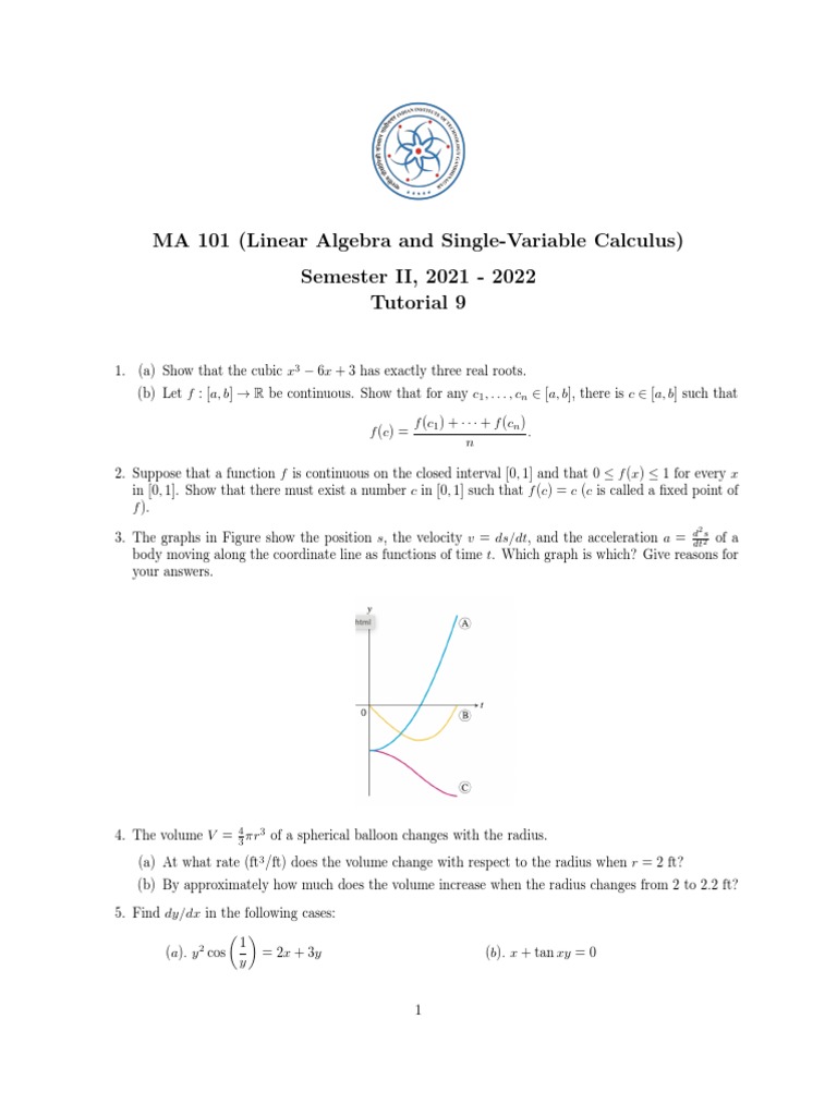 MA 101 (Linear Algebra and Single-Variable Calculus) Semester II, 2021 - 2022 Tutorial 9 | PDF ...