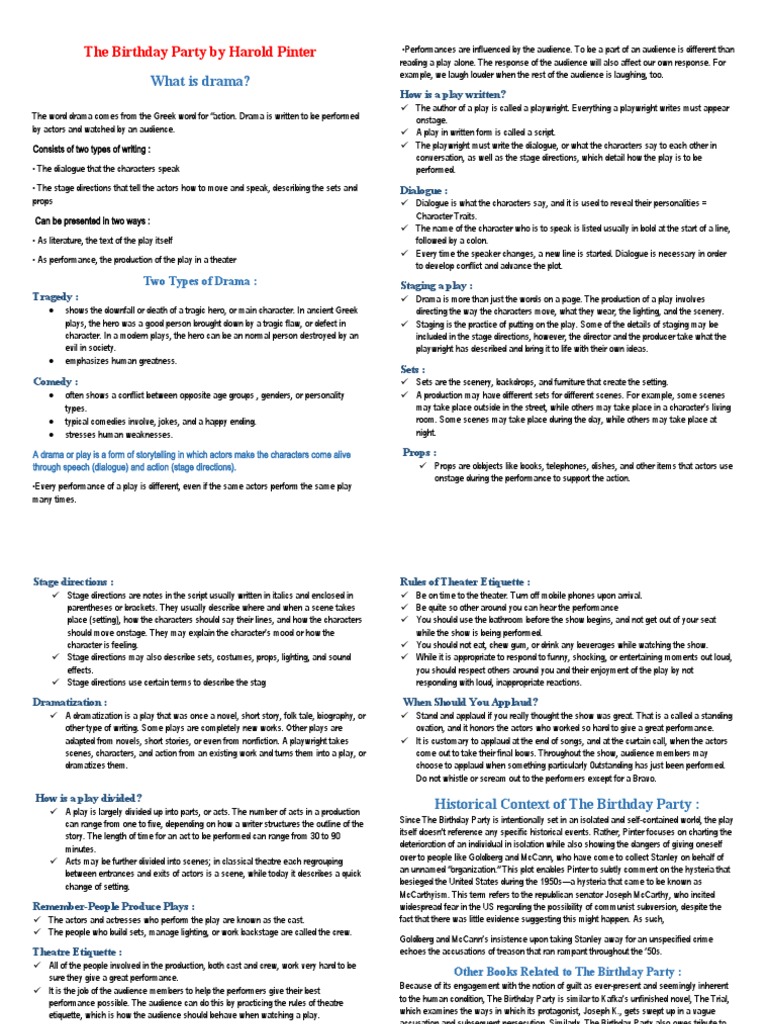 The Birthday Party Study Guide by Harold Pinter | PDF | Play (Theatre)