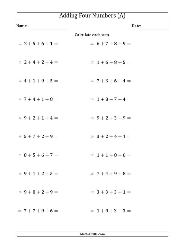 Addition Worksheet - Adding Four Numbers Horizontally (Range 1 To 9) | PDF