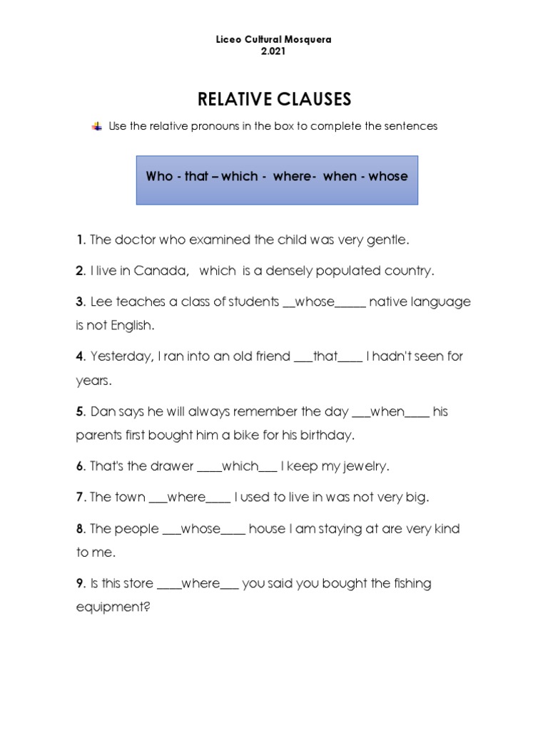 Relative Clauses Worksheet | PDF