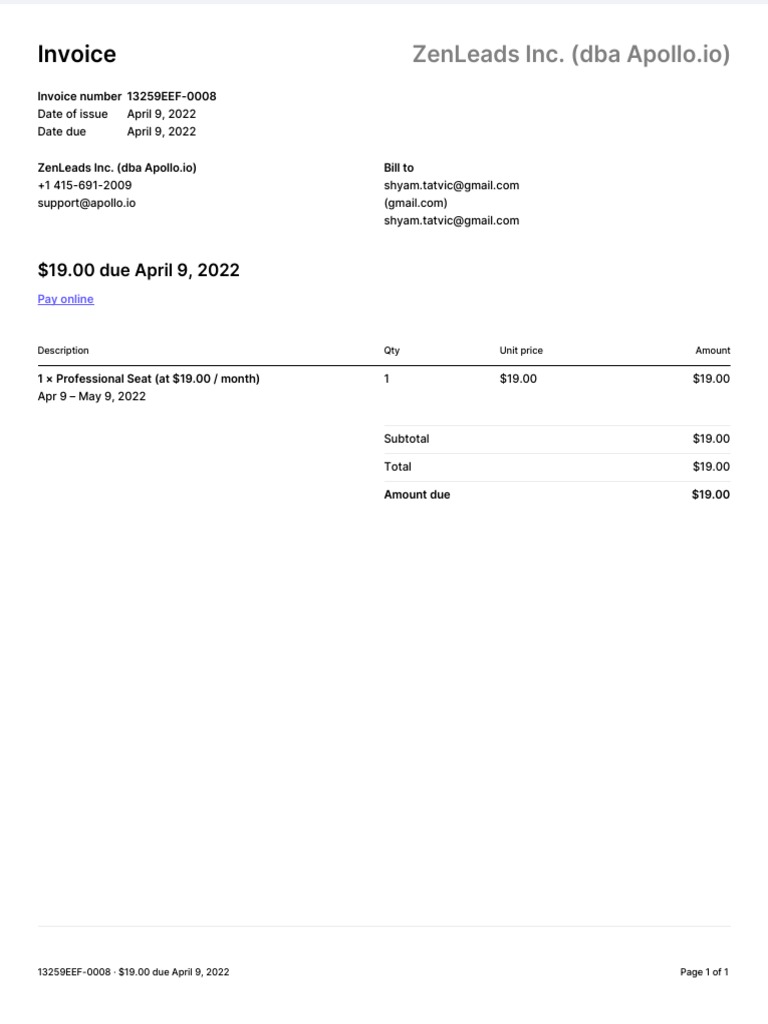 Invoice: Zenleads Inc. (Dba Apollo - Io) | PDF