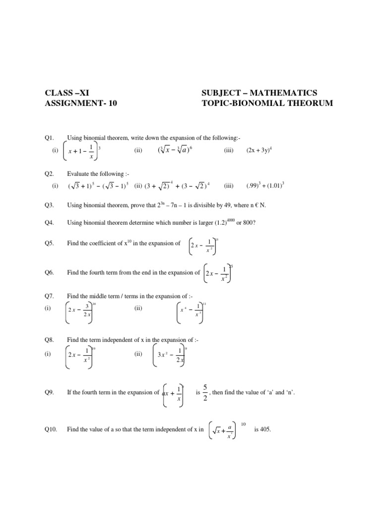 Class 11 Binomial Theorem Assignment | PDF | Logical Consequence ...