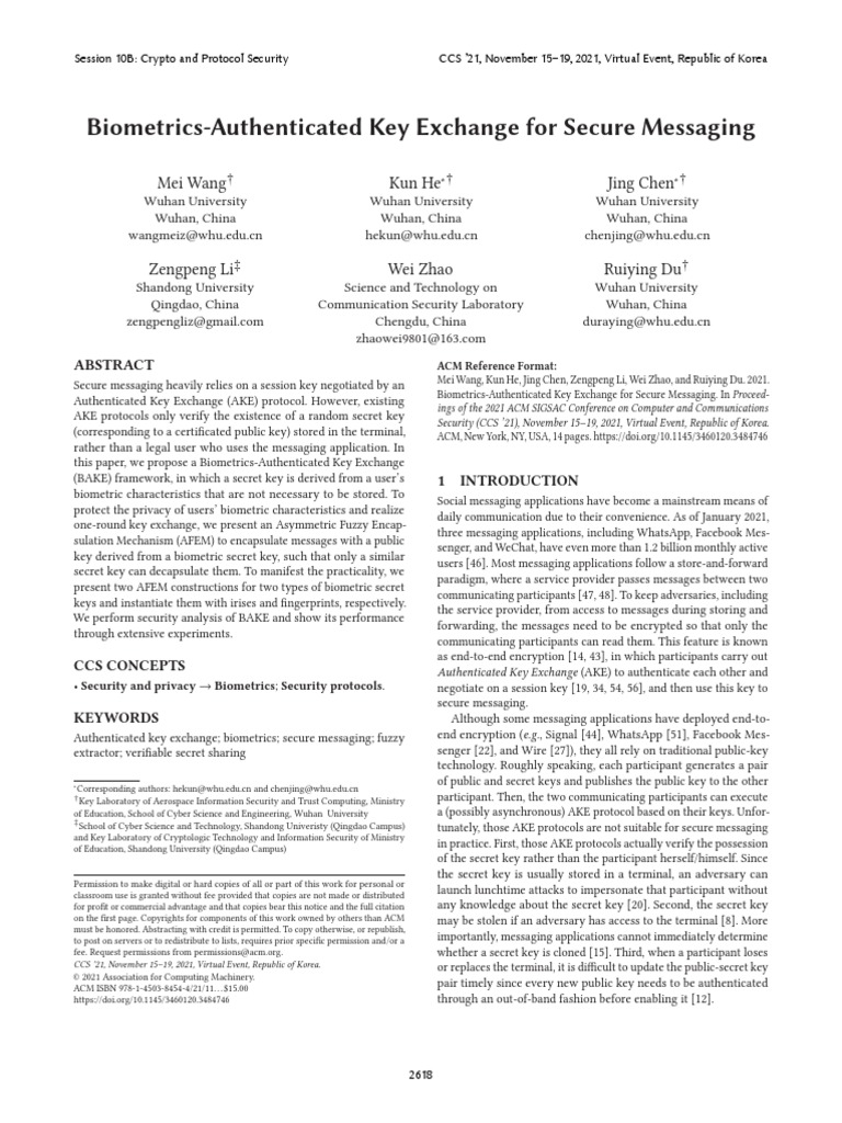 Biometrics-Authenticated Key Exchange For Secure Messaging: Mei Wang Kun He Jing Chen | PDF ...