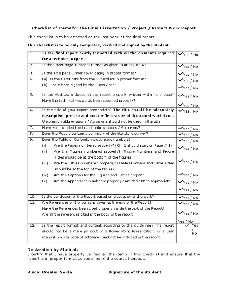 Checklist of Items For The Final Dissertation, Project, Project Work ...