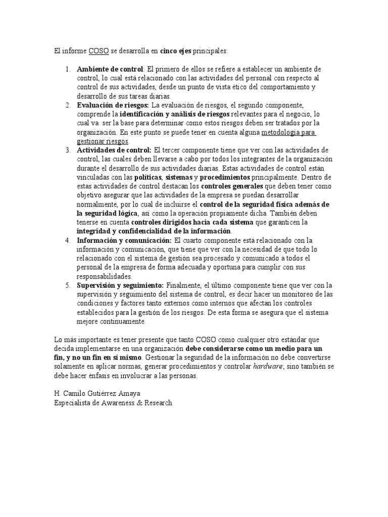El Informe COSO Se Desarrolla en Cinco Ejes Principales (1hoja) | PDF ...