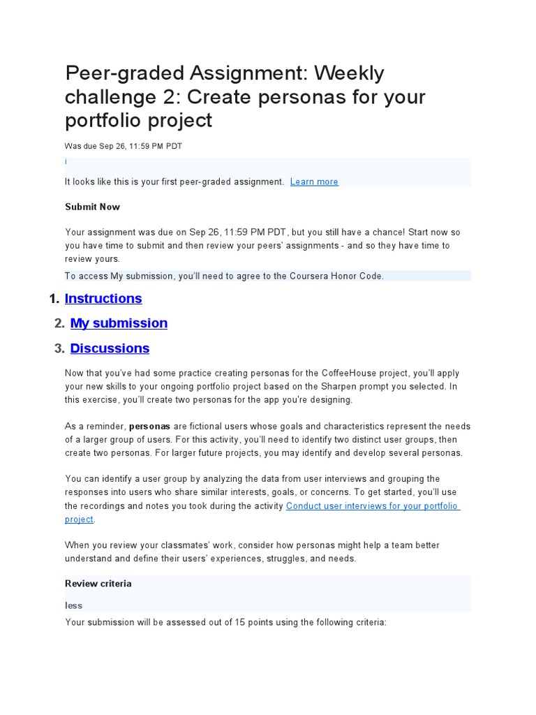 Peer-Graded Assignment: Weekly Challenge 2: Create Personas For Your Portfolio Project | PDF ...