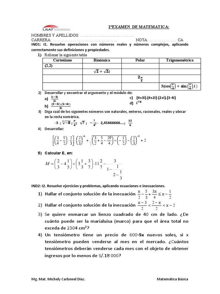 1 Examen Mate Basica 2020 I1yI2 | PDF | Números | Matemáticas