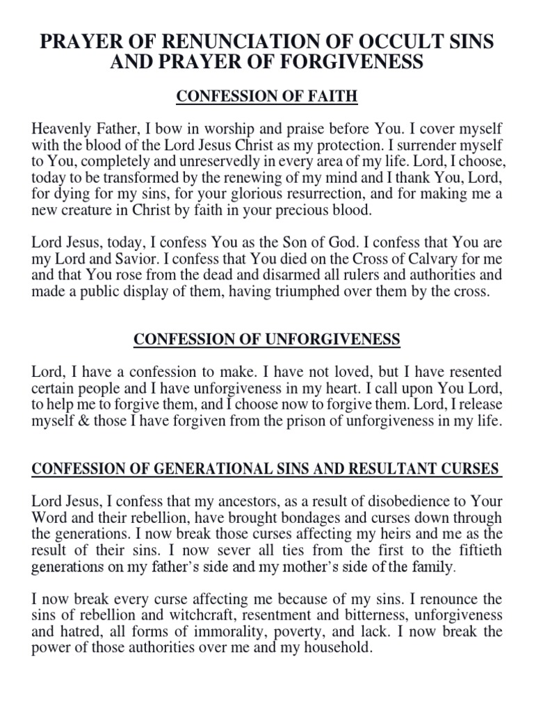 Prayer of Renunciation of Occult Sins and Prayer of Forgiveness | PDF ...