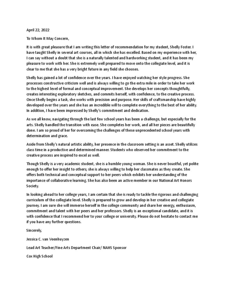 Shelly Foster Recomendation 1 | PDF | Educational Psychology ...