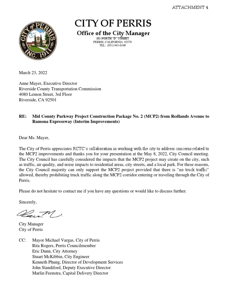 March 23 Letter From City of Perris To Riverside County Transportation ...